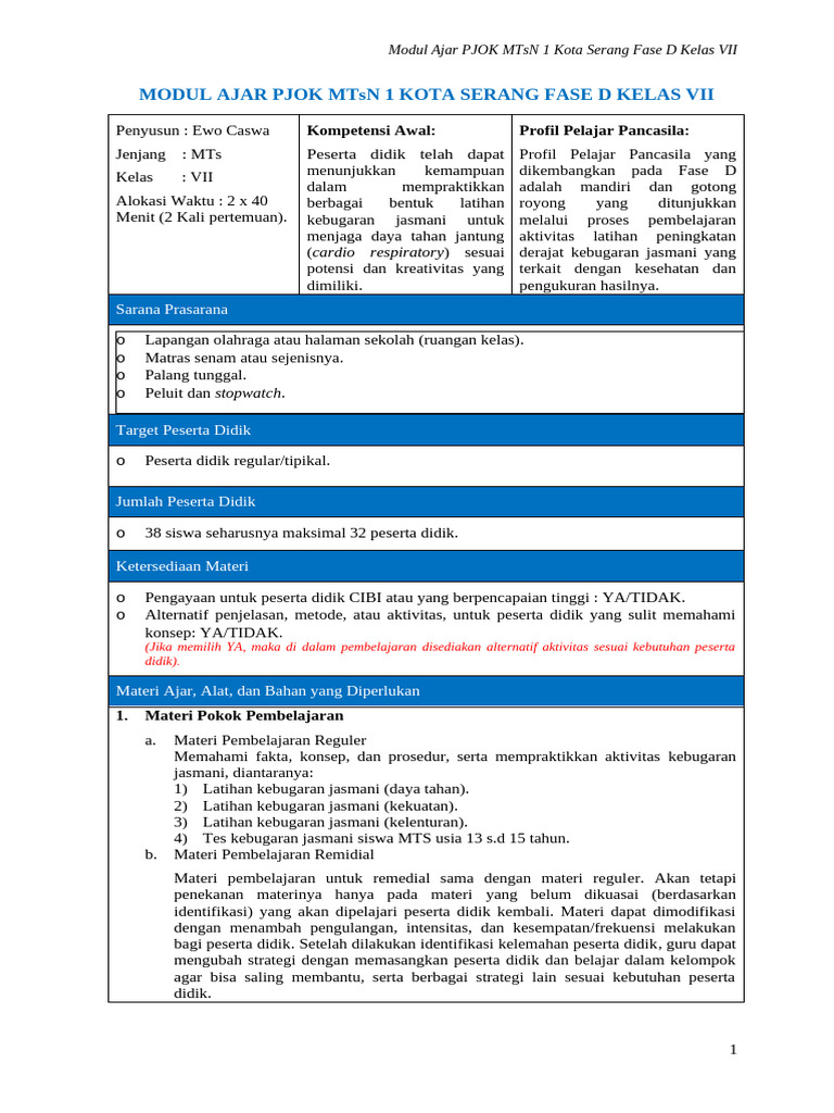 12 Modul Ajar Aktivitas Kebugaran Jasmani | PDF