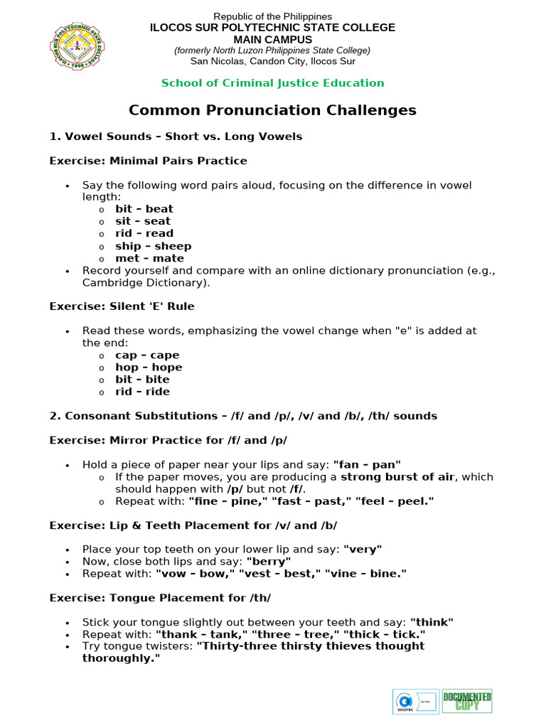 English Pronunciation Exercises Guide | PDF | Vowel | Stress (Linguistics)