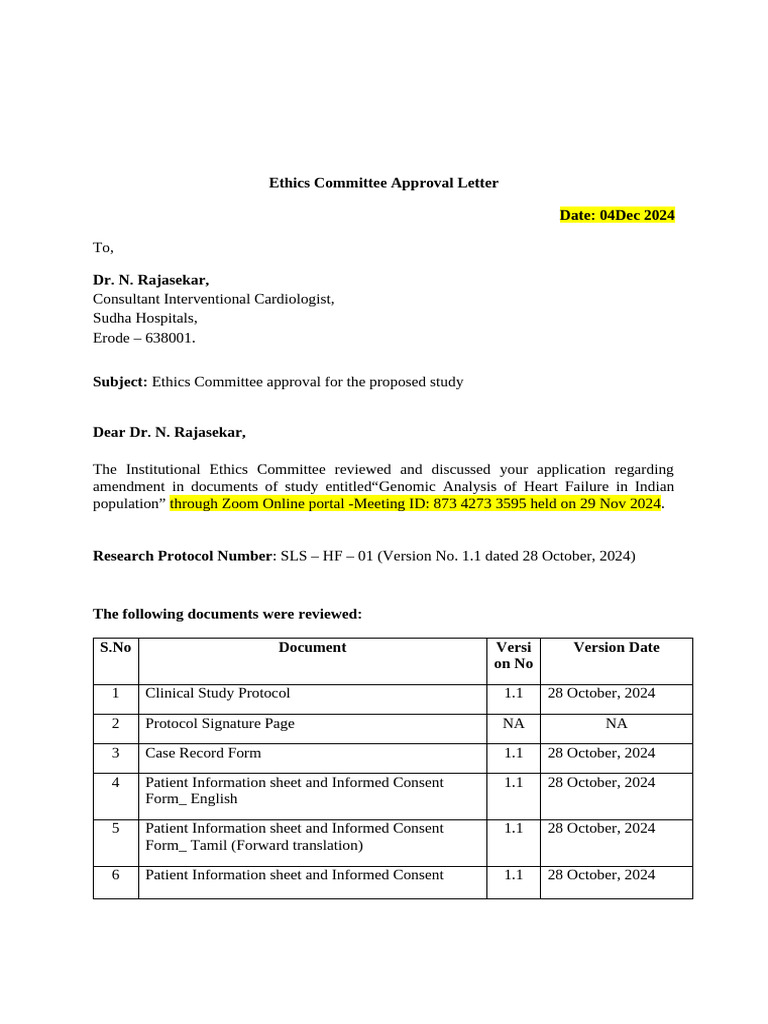 EC Approval Letter - HF Study - EC Notification 2 | PDF | Informed ...