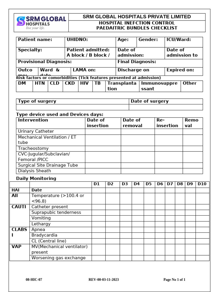 Hic Bundles Checklist - Paediatric | PDF | Intensive Care Unit | Surgery