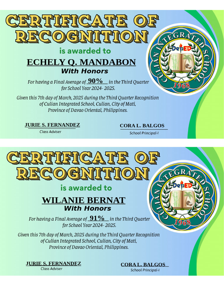 Honor Card 3rd Quarter | PDF