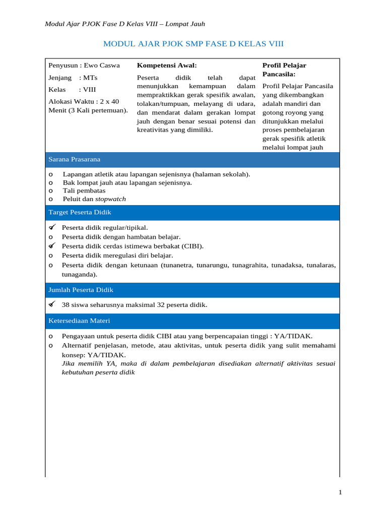 Modul Ajar Lompat Jauh Kelas VIII PJOK | PDF