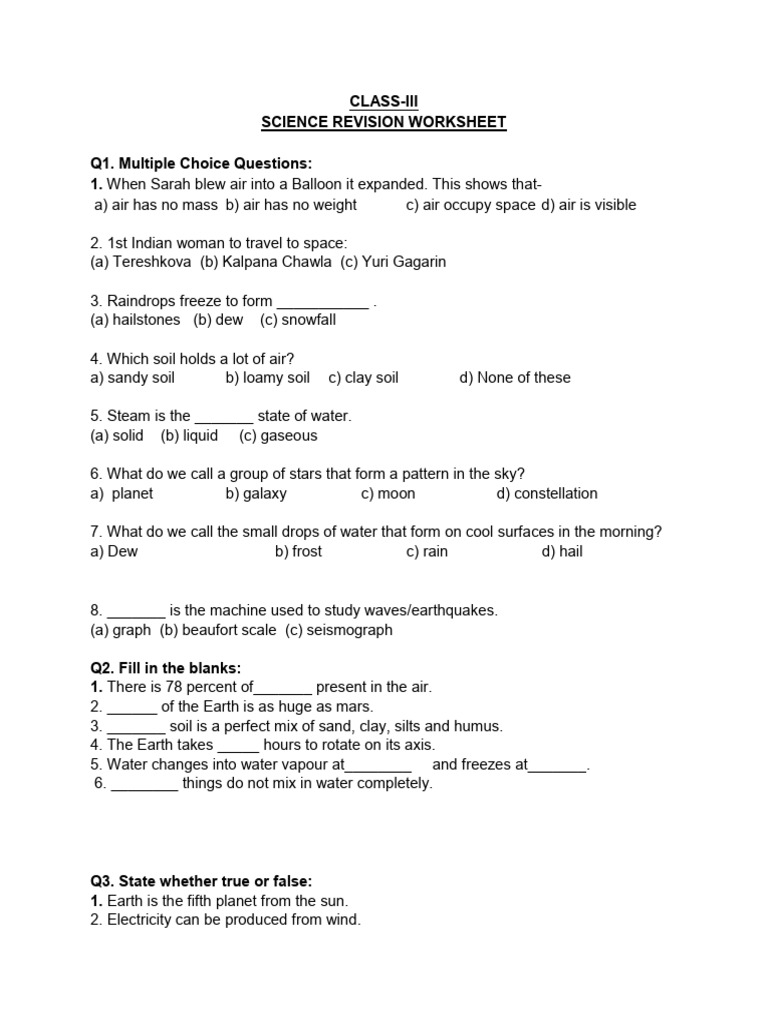 Class 3 Science Revision Worksheet | PDF | Water | Planets