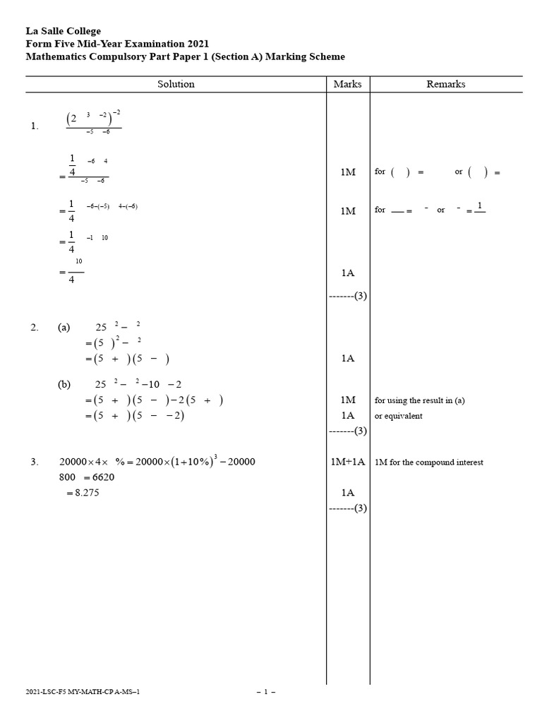 2021-F5 MY-MATH-CP A-Marking | PDF | Mathematics | Euclidean Geometry