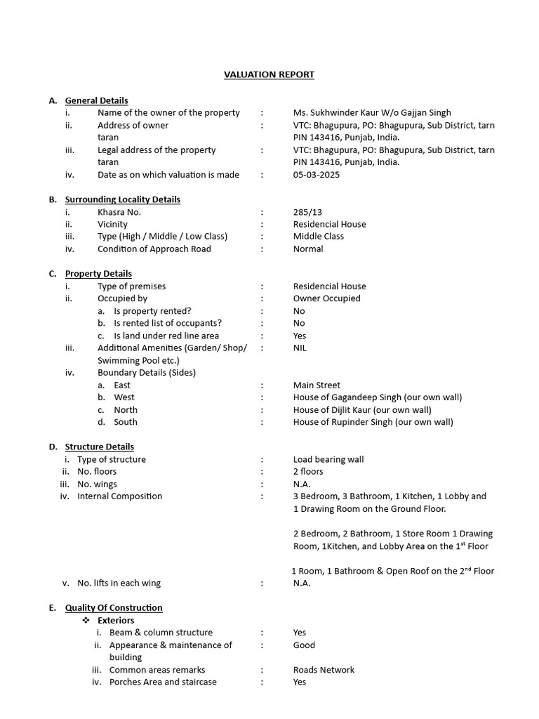 Bungalow Valuation Report for Ms. Kaur | PDF