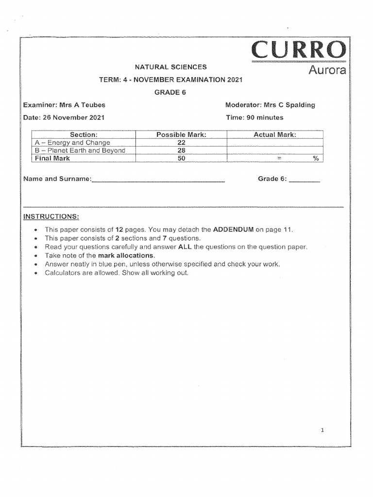 Gr6 Nov Exam 2021 | PDF
