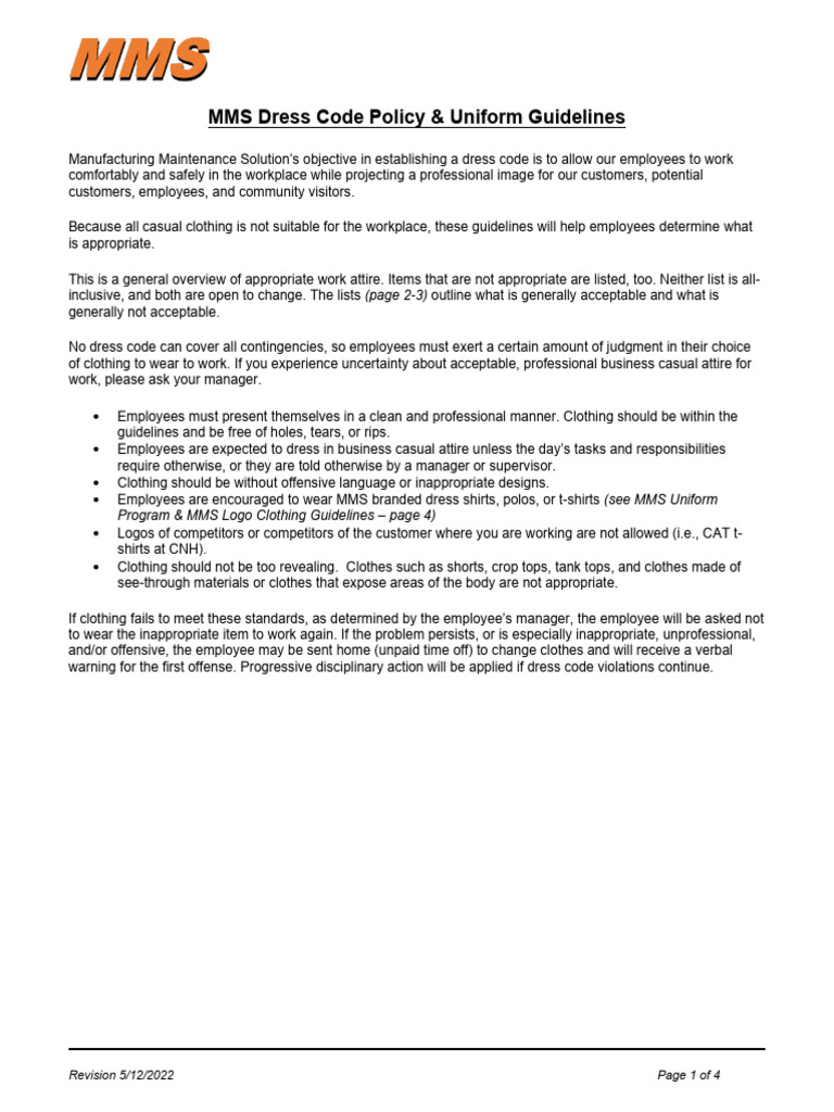 MMS Dress Code Policy and Uniform Guidelines | PDF | Trousers | Clothing