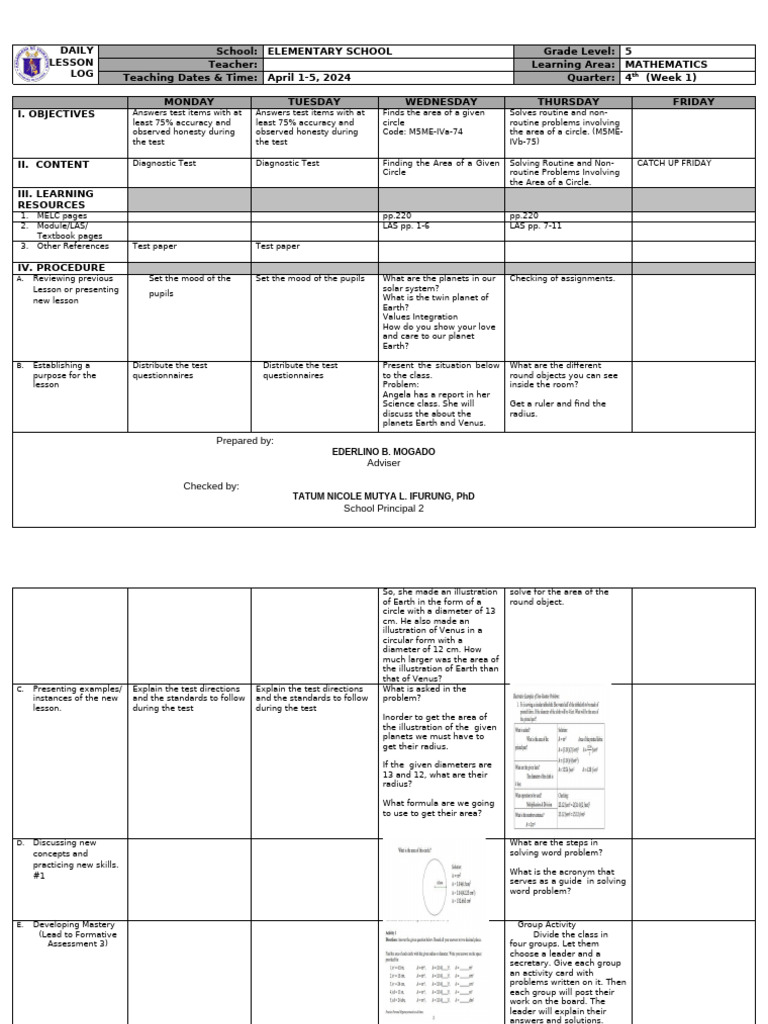 MATHEMATICS-5-Q4-WEEK-1 | PDF | Area | Circle