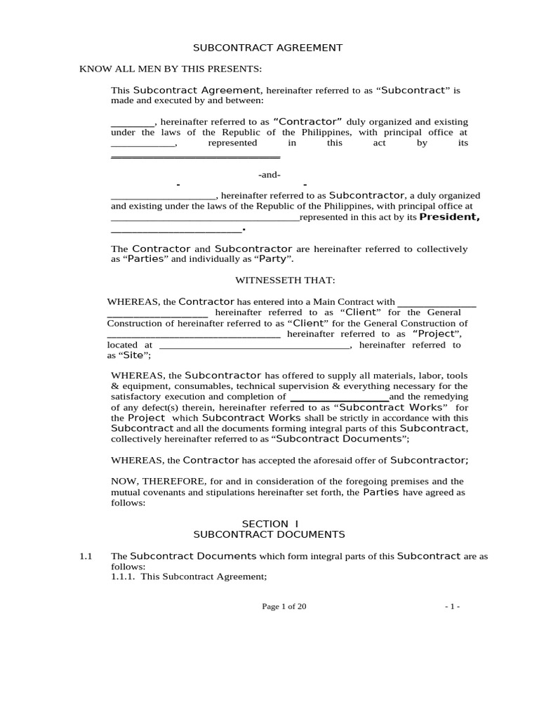Sample of Sub Contract Agreement | PDF | Subcontractor | Employment