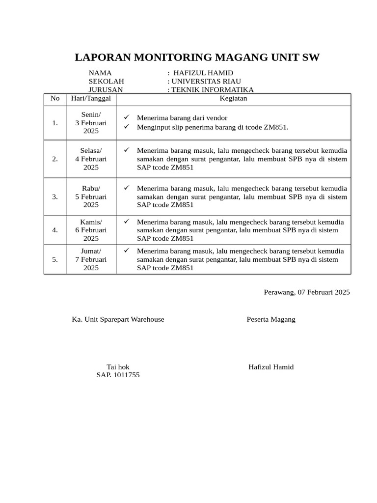 Laporan Monitoring Magang Unit SW | PDF
