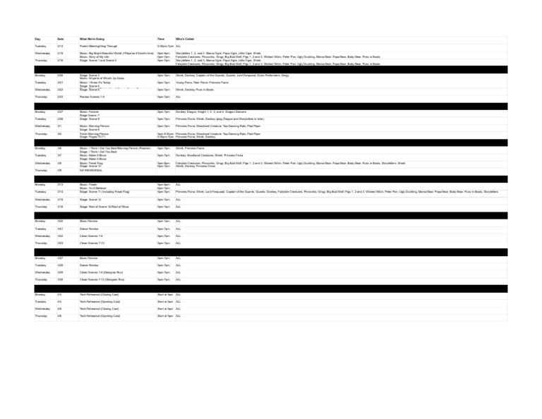Shrek Jr Rehearsal Schedule - Sheet1 | PDF | Dream Works Animation