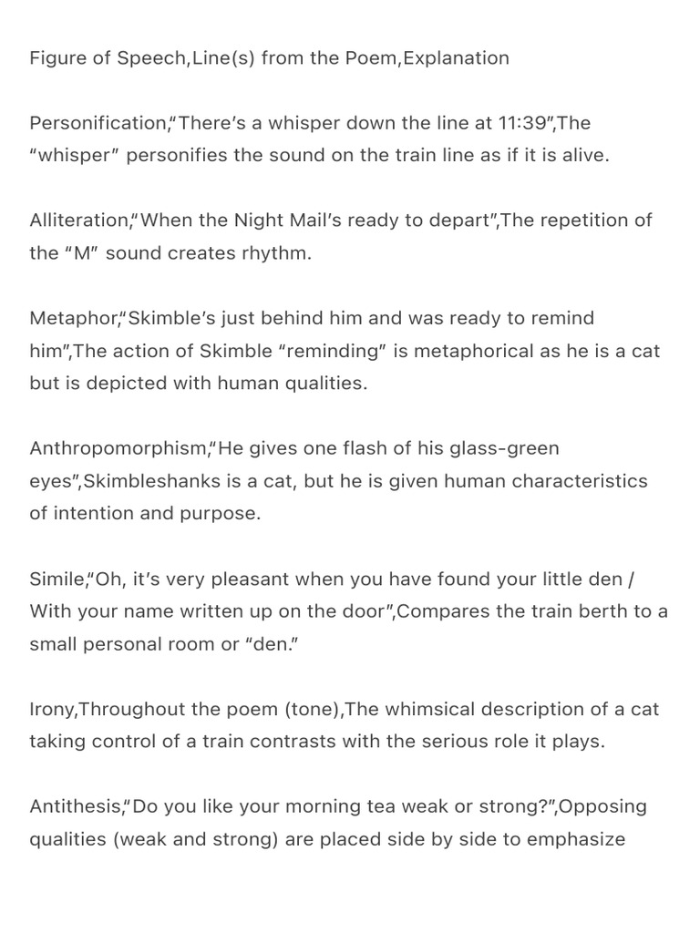 Figure of Speech, Line(s) From The Poem, Explanation | PDF