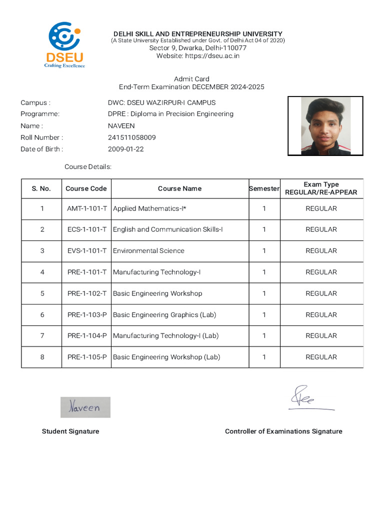 Dseu - Samarth.edu - in Index - PHP Examstudent Hall-Admit-Card View Id ...