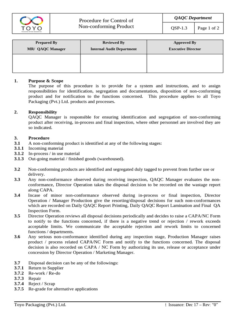 Non-Conforming Product Control Procedure | PDF