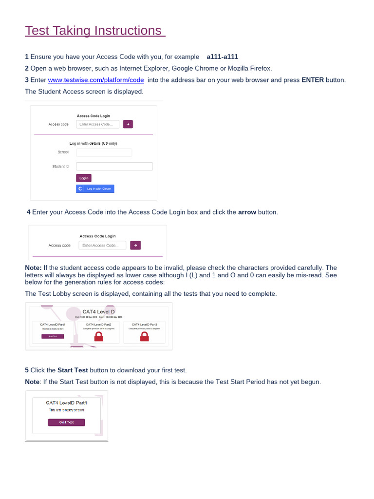 Online Test Access Instructions | PDF