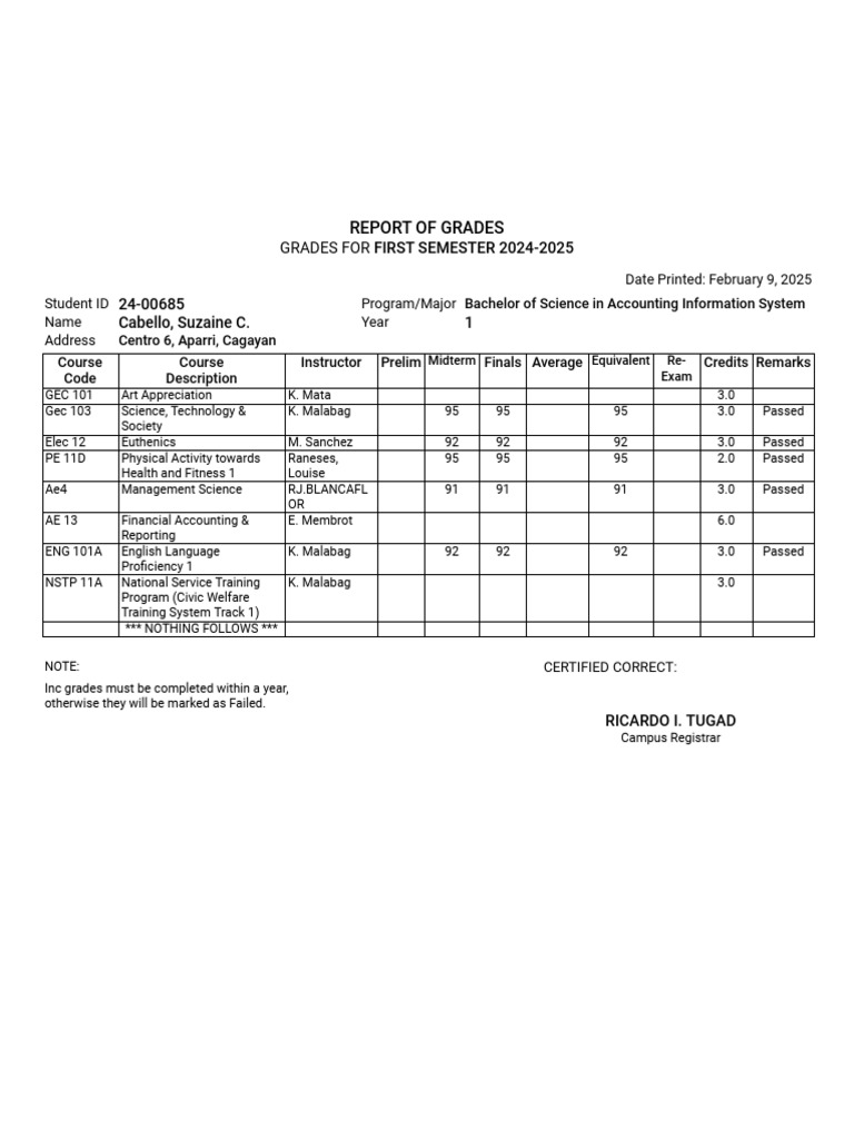 Report of Grades: FIRST SEMESTER 2024-2025 | PDF