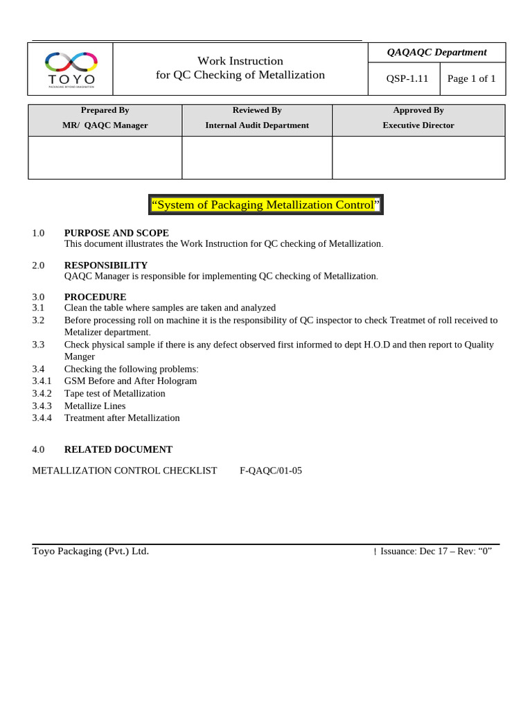 10-QAQC-3-06 W.I For QC Checking of Metallizer 1.11 | PDF