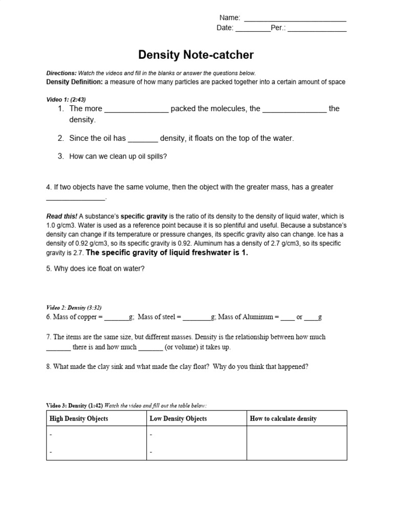Density Study Guide with Videos | PDF