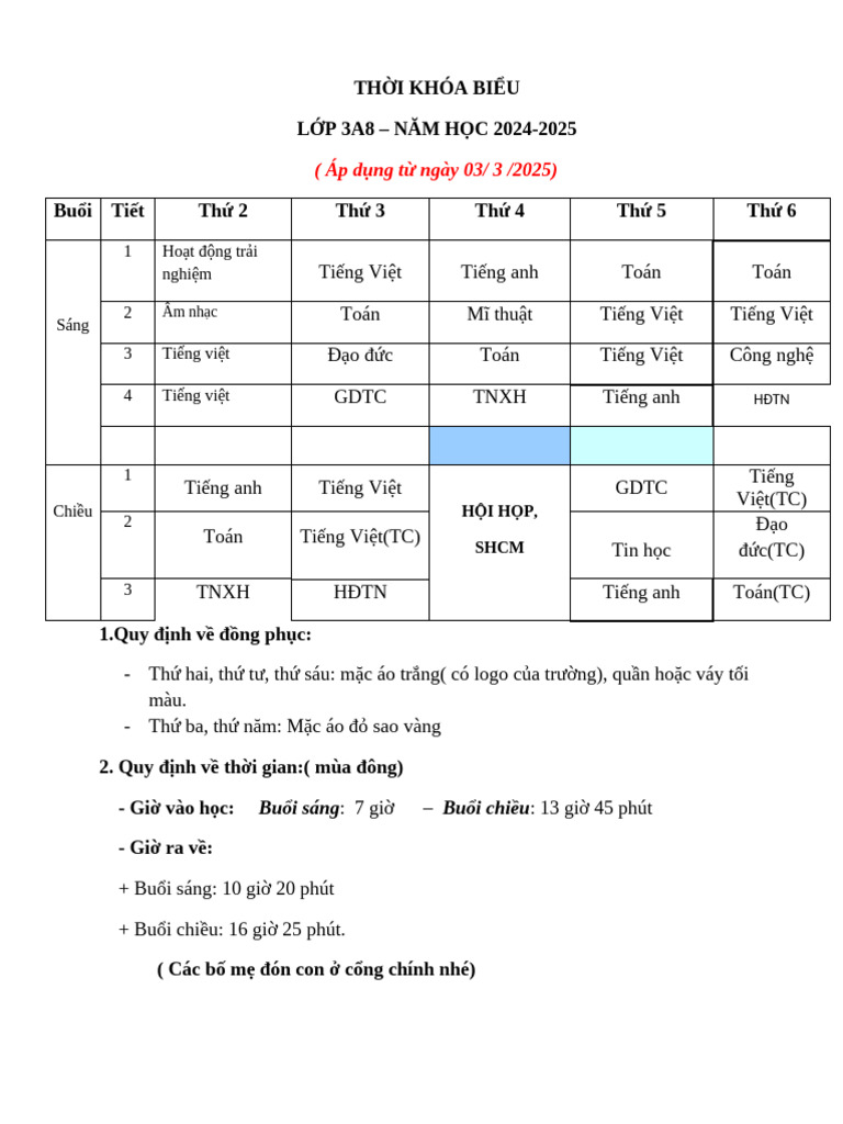 3A8-THỜI KHÓA BIỂU - 9B | PDF