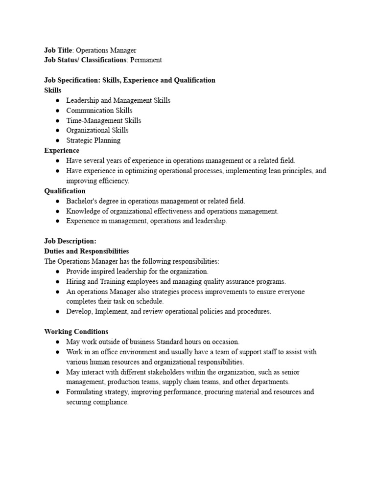 Operations Manager Job Overview | PDF