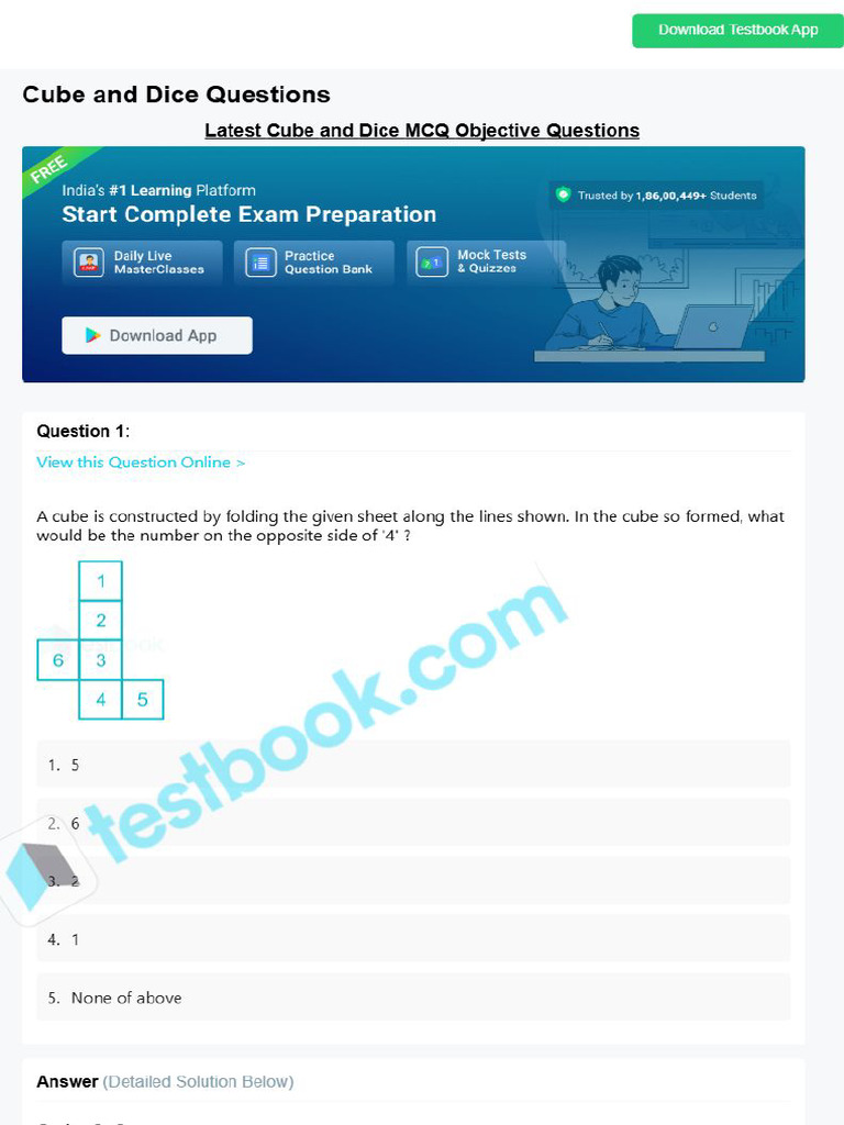 MCQ On Cube and Dice 5eea6a0e39140f30f369e466 | PDF