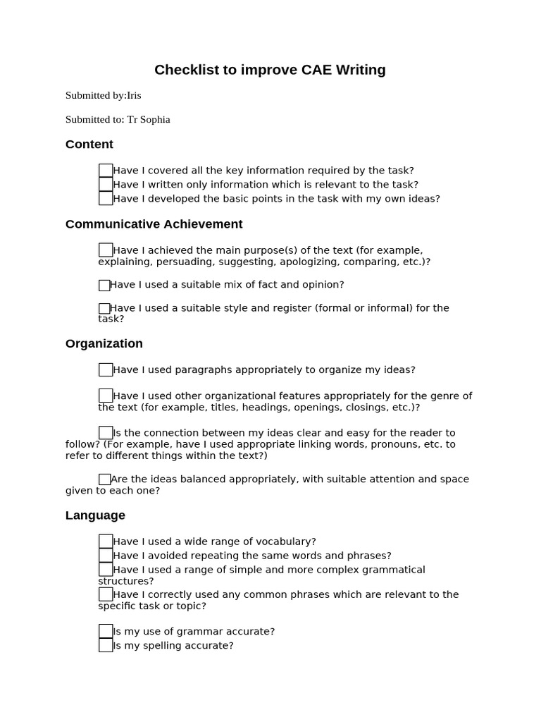 CAE Writing Improvement Checklist | PDF
