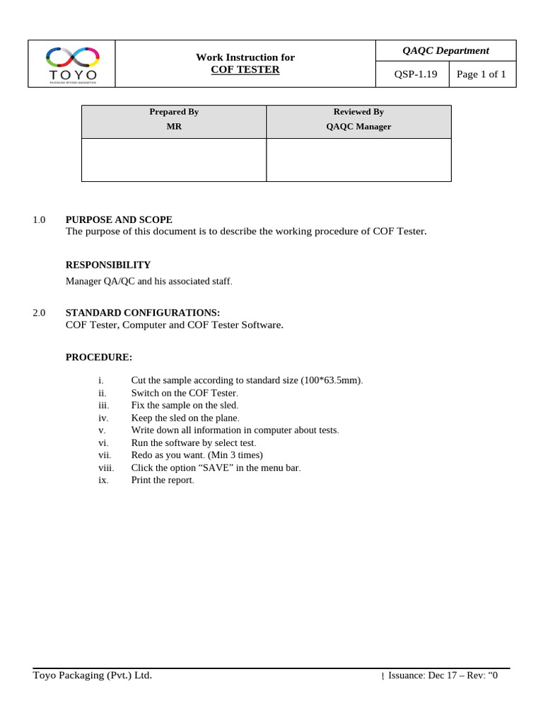 COF Tester Work Instruction Guide | PDF