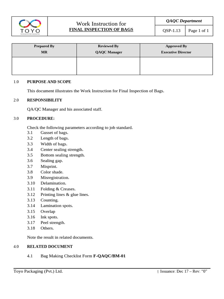 Bag Inspection Guide for QAQC Staff | PDF