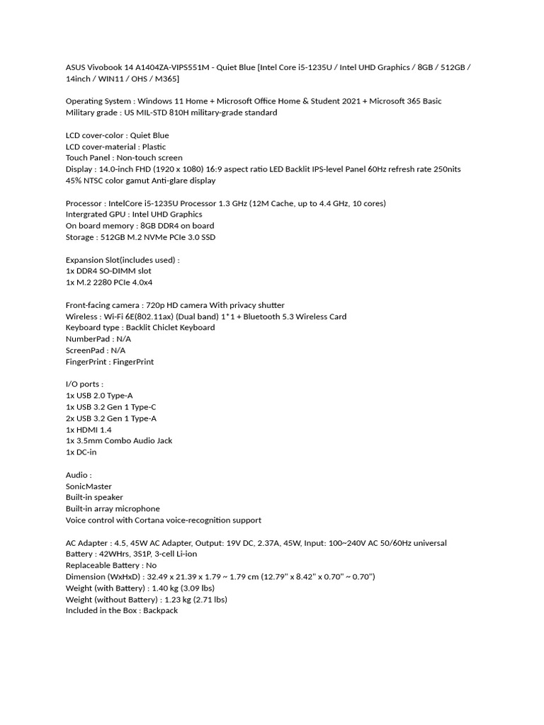 ASUS Vivobook 14 A1404ZA Specs Overview | PDF