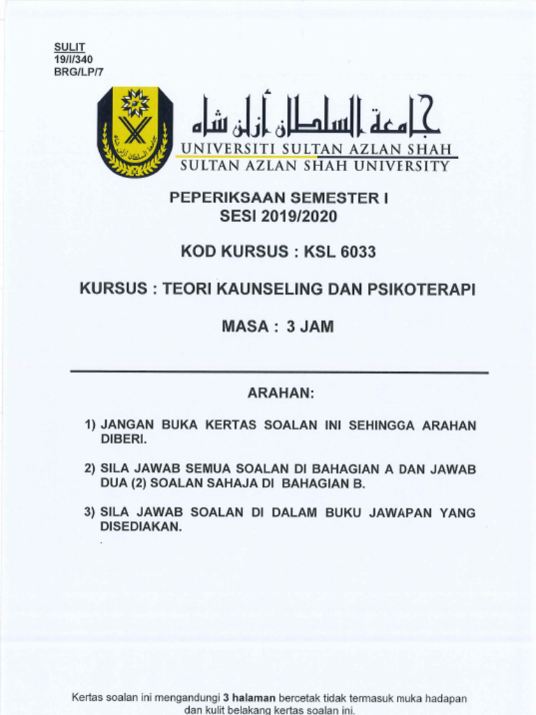 KSL 6033 Teori Kaunseling Dan Psikoterapi Sem I Sesi 20192020 | PDF