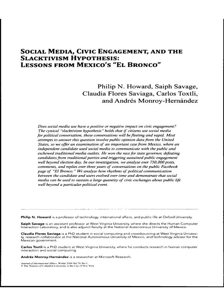 Social Media, Civic engagemnt, and Slacktivism Hypothesis | PDF