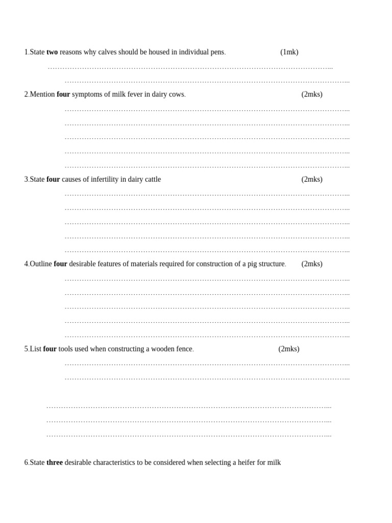 Agriculture Form 3 Exam Questions | PDF | Dairy Cattle | Animals And Humans