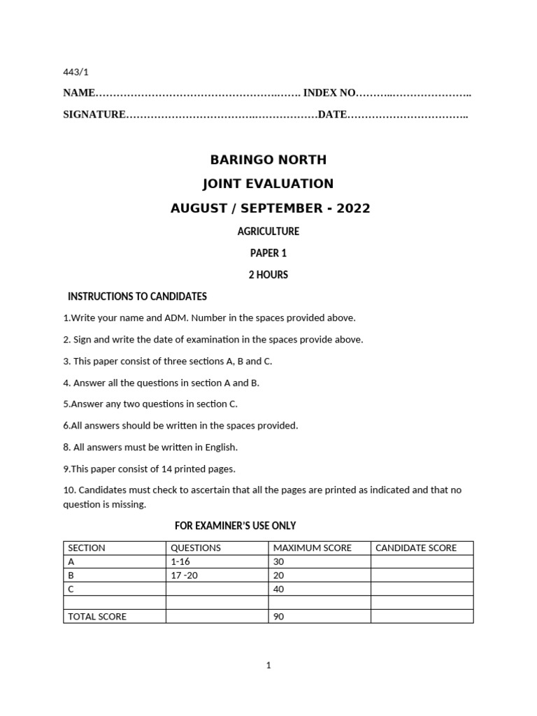 Baringo North Joint Exam PP1 Agri | PDF | Agriculture | Weed