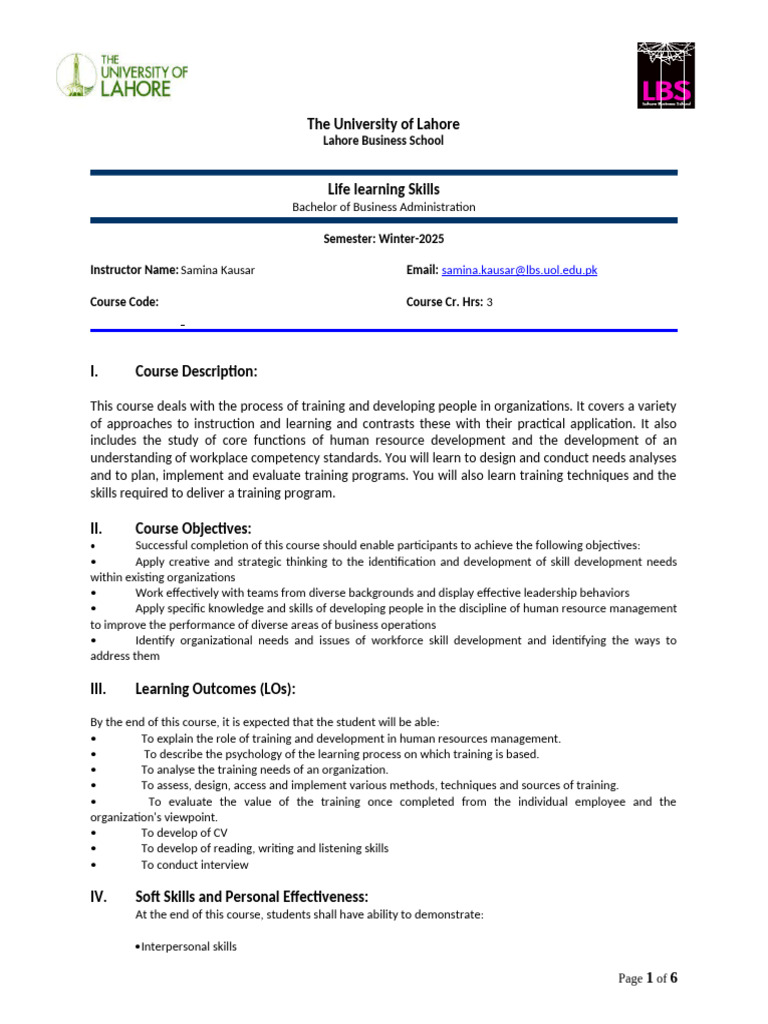 Life Learning Skills Course Overview | PDF | Human Resource Management ...