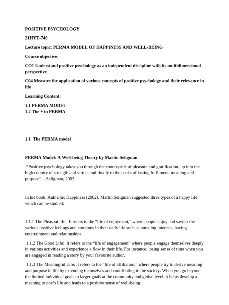 Positive Psychology Perma Model Lecture 13 14 15 and 16 | PDF ...