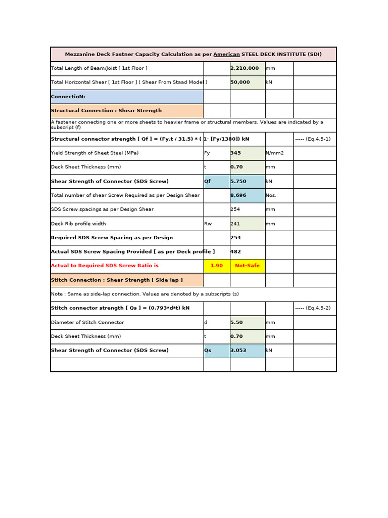 Mezz Deck Fastener CalculatioN - American (SDI) | PDF
