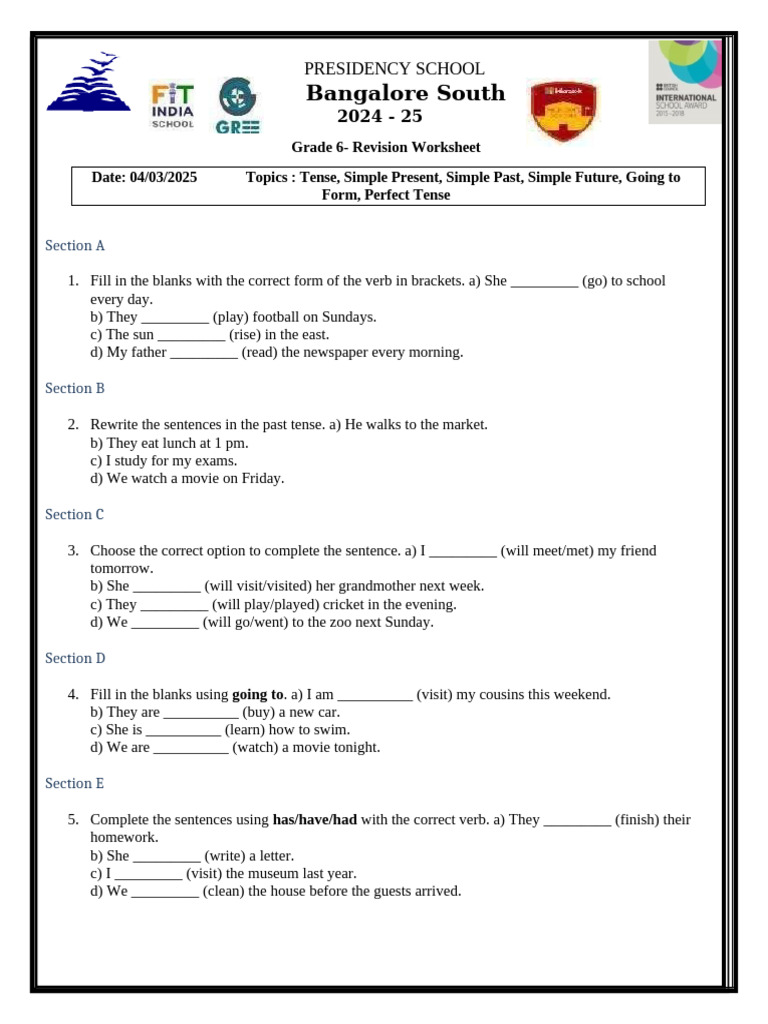 Grade 6 Tense Revision Worksheet | PDF