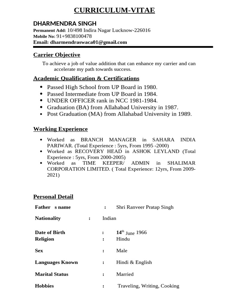 Curriculum-Vitae: Dharmendra Singh | PDF