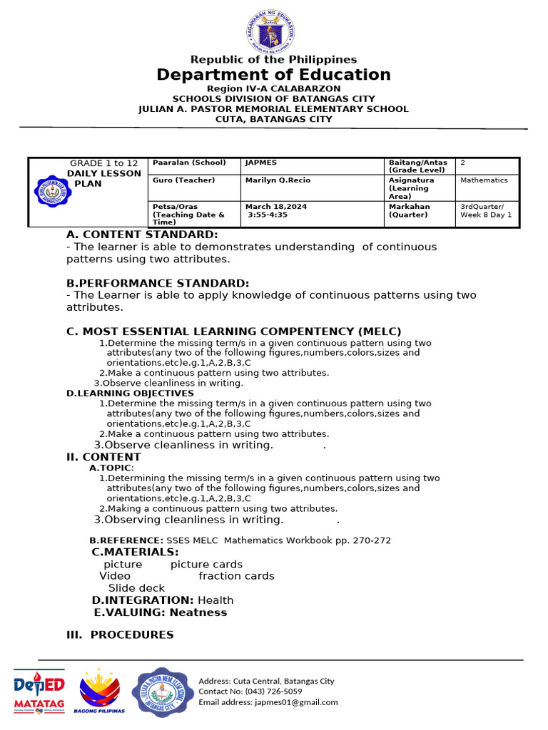 DLP in Sses Math Q3week 8 | PDF | Behavior Modification | Cognition