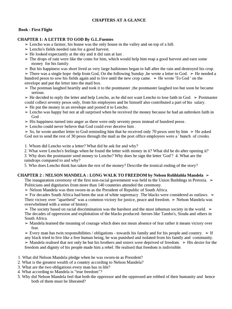 Chapter Summaries of First Flight | PDF | Poetry | Nelson Mandela