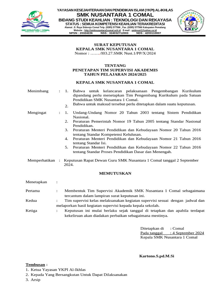 SK TIM SUPERVISI AKADEMIK TAPEL 2024_2025 | PDF