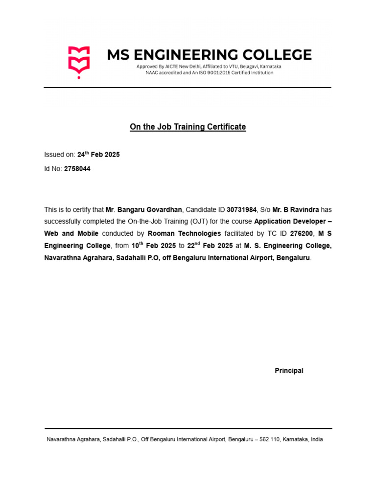 OJT Certificate for Application Developer | PDF | Bangalore