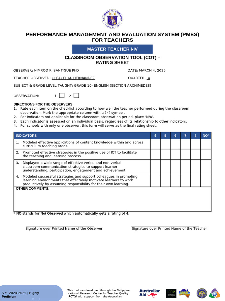 COT Rating Sheet for Highly Proficient Teachers | PDF | Teachers | Learning