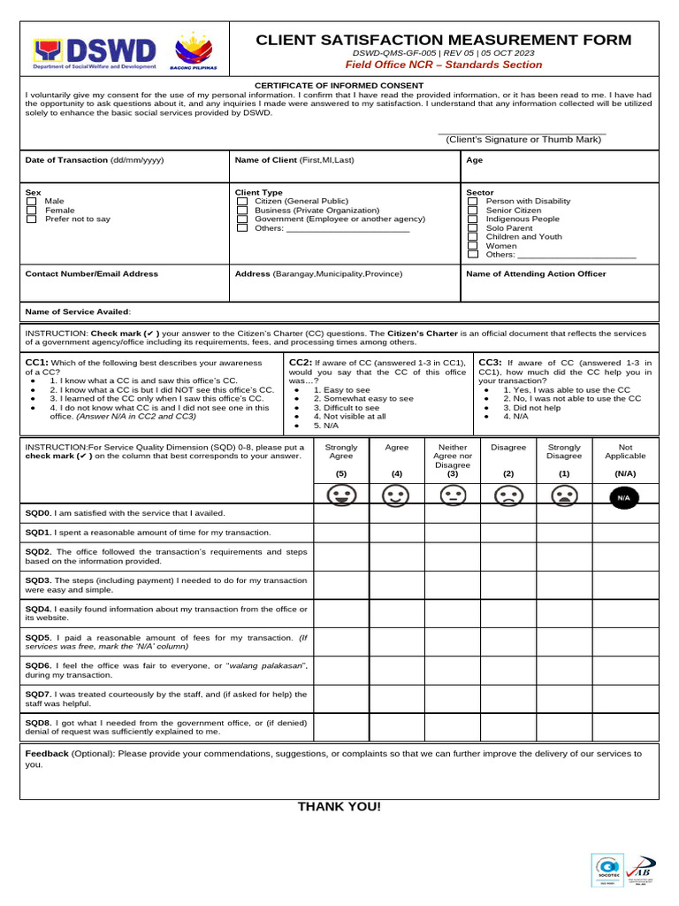 DSWD Client Satisfaction Survey Form | PDF