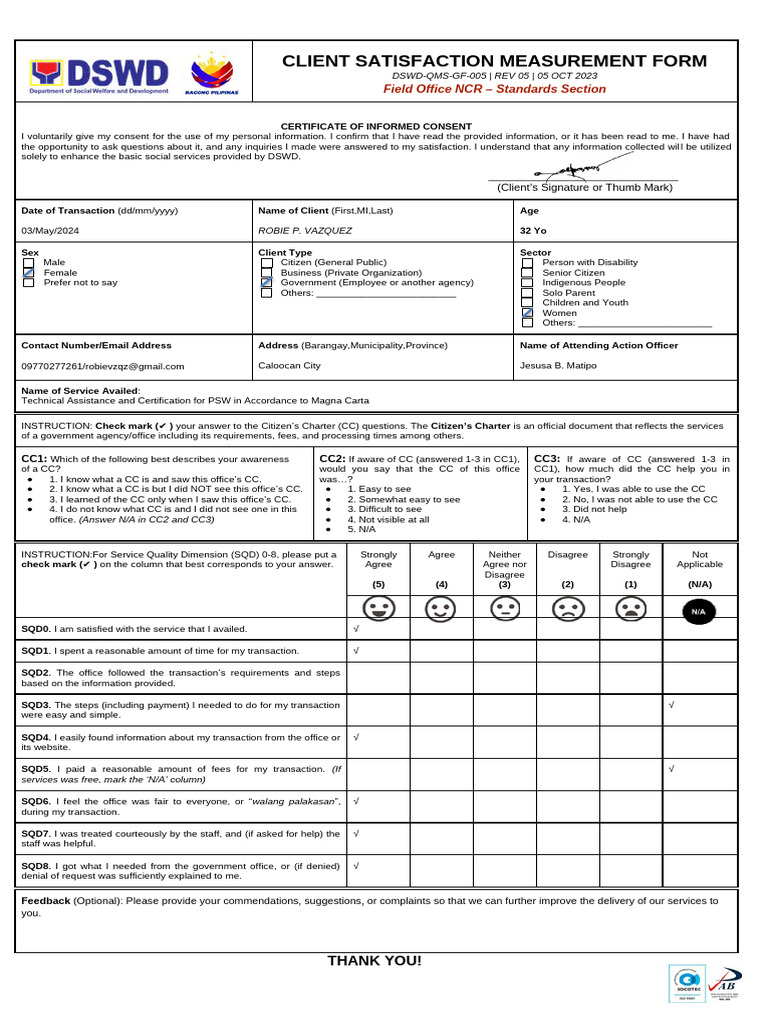 DSWD QMS GF 005 REV 05 CSM Questionnaire English Version | PDF