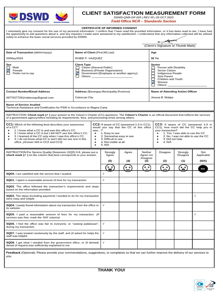 DSWD QMS GF 005 REV 05 CSM Questionnaire English Version | PDF