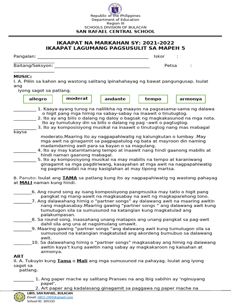 Q4 4th Sum MAPEH 5 with TOS, Performance Task with Rubrics | PDF