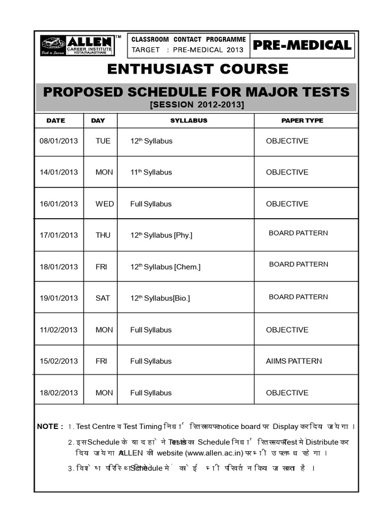 Major Schedule Enthuse Pre Medical | PDF