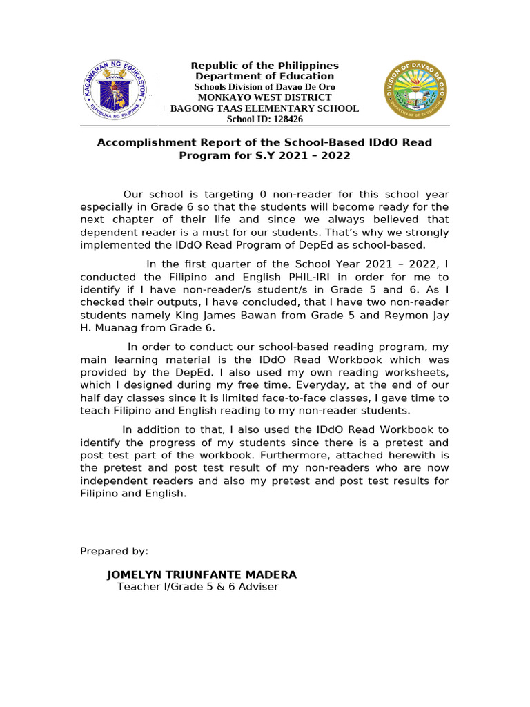 Accomplishment Report Reading Program | PDF