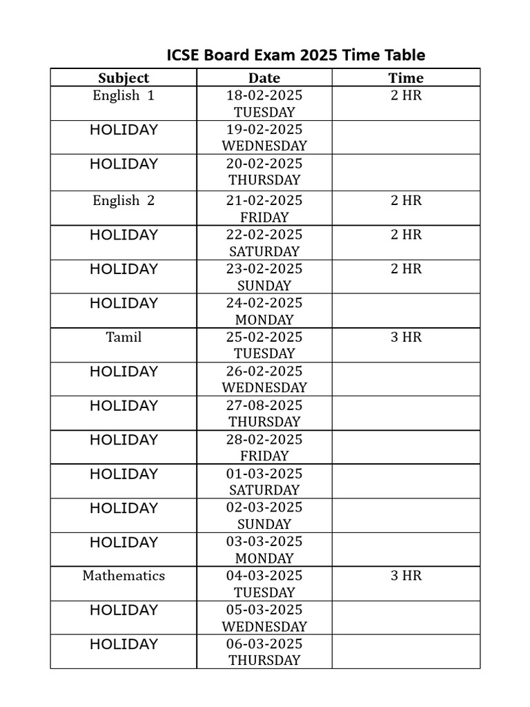 ICSE Board Exam 2025 Timetable | PDF
